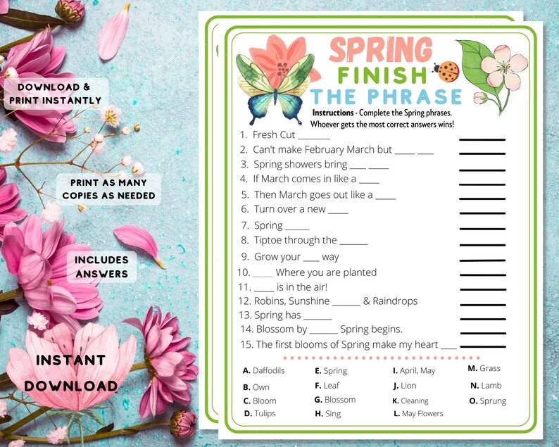 Spring Finish the Phrase Printable Game | Kids Adults Fun Word Activity ...
