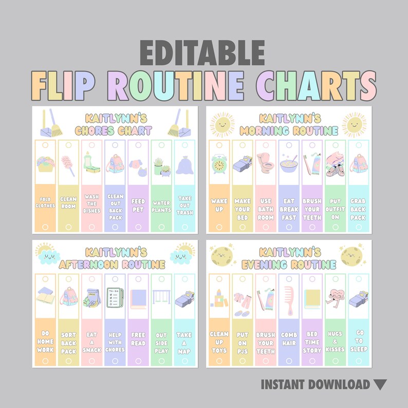 Editable Chores Morning Afternoon Evening Kids Routine Flip Charts ...