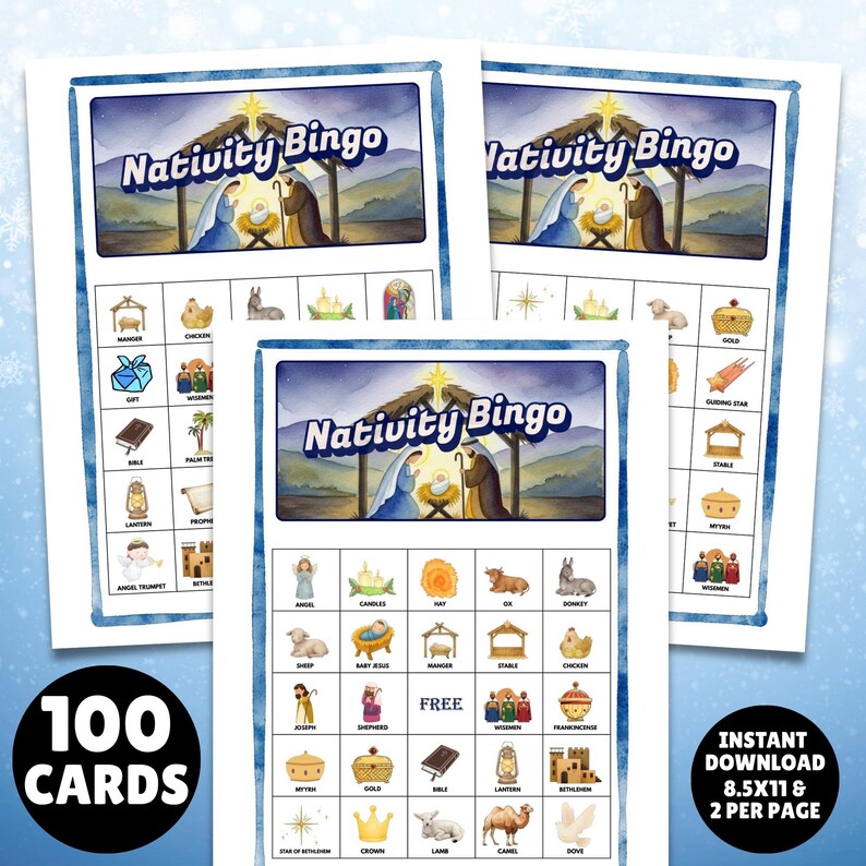 Nativity Bingo Game | 100 Cards | Watercolor Christian Christmas Story ...