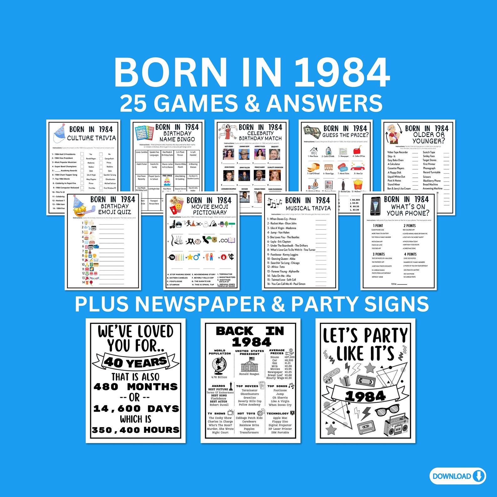 40th Birthday Printable Games Bundle Born in 1984 Party Idea 40th Bday ...