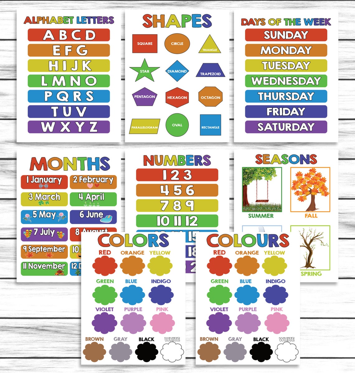 Kids Learning Education Poster Bundle, Rainbow Colors, Numbers ...