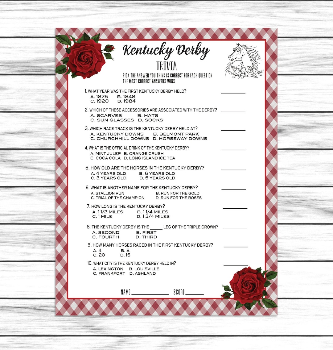 Kentucky Derby Trivia Game Derby Party Game Trivia Game For Adults