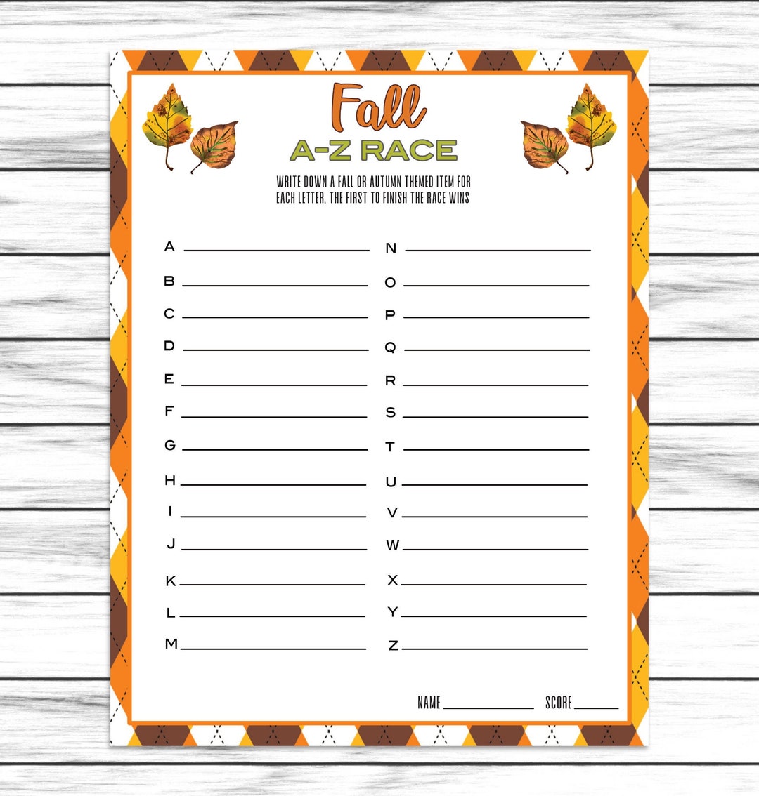 Fall A-Z Word Race Game, Printable or Virtual Game for Adults and Kids ...
