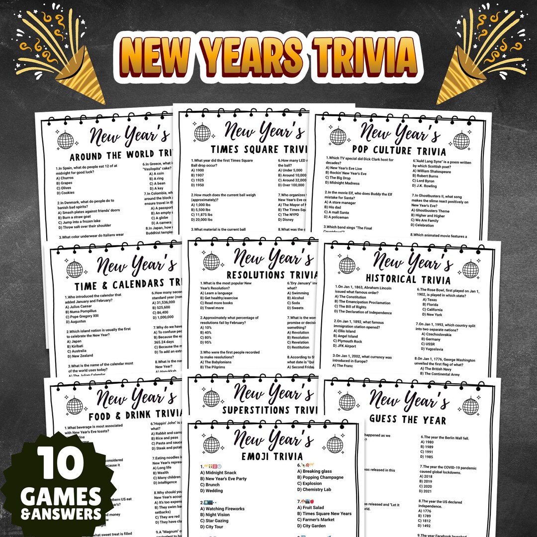 New Years Eve Trivia Game Printable | 100 Questions | NYE Party Games ...