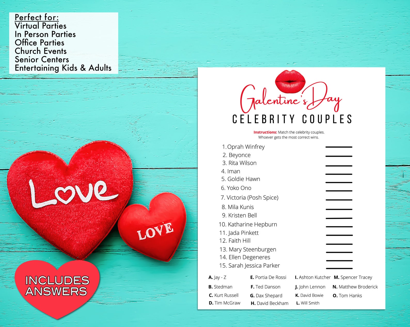 Galentines Day Famous Couples Game fun Party Game Ladies | Etsy