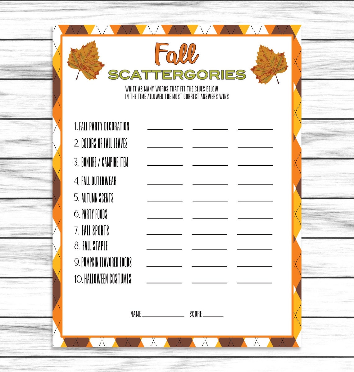 Fall Scattergories Game Printable Or Virtual Game For Adults | Etsy