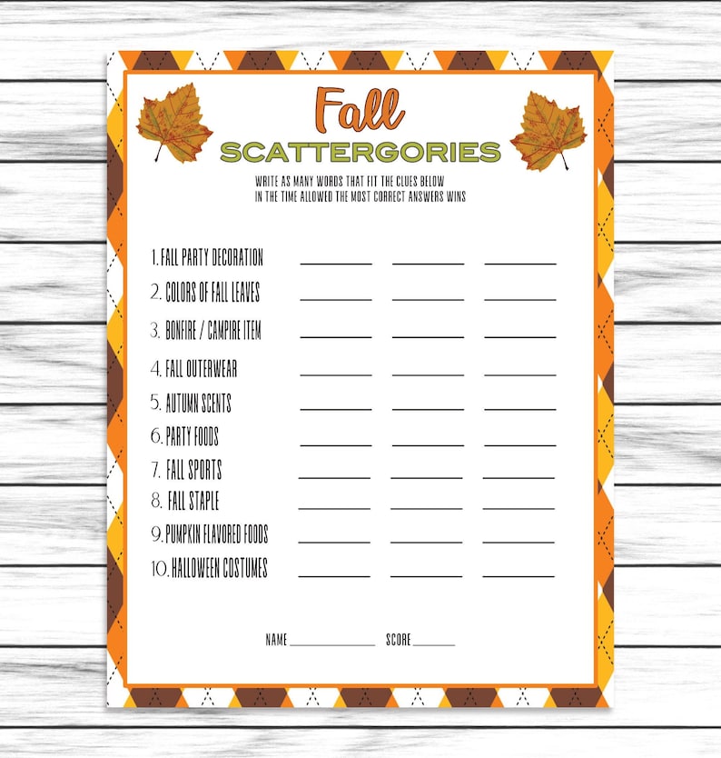 Fall Scattergories Game, Printable or Virtual Game for Adults and Kids ...