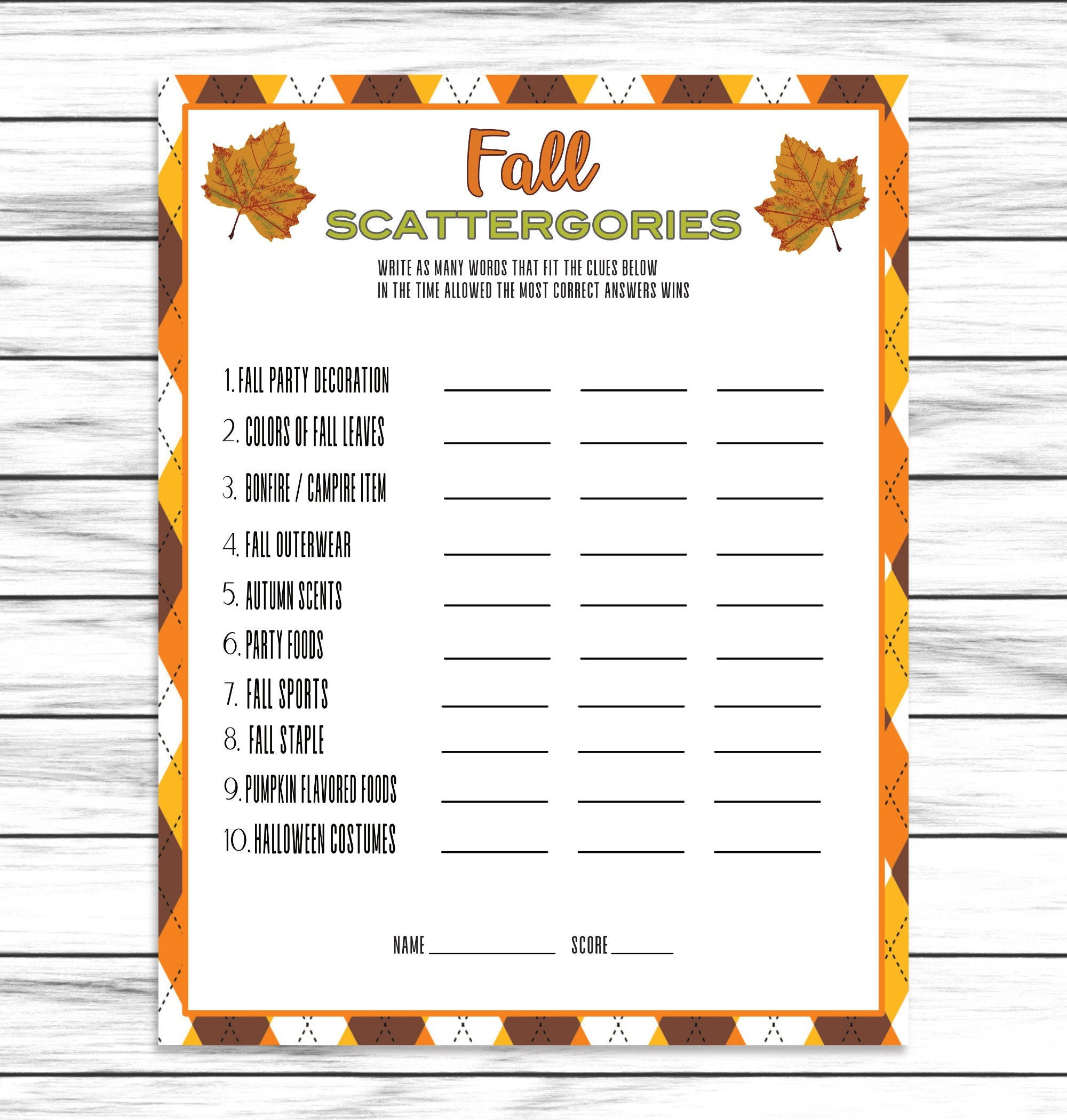 Fall Scattergories Game Printable or Virtual Game for Adults - Etsy Canada