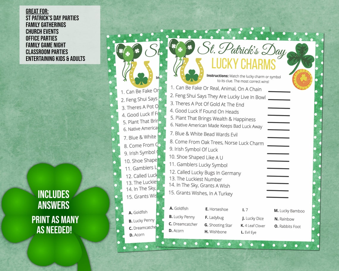 Printable St Patricks Day Lucky Charm Game Irish Quiz St | Etsy