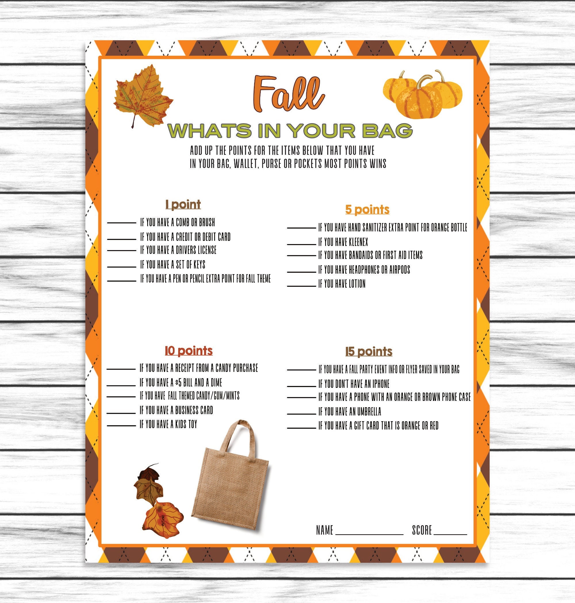 Fall Whats in Your Bag Game, Printable or Virtual Fun Game for Adults ...