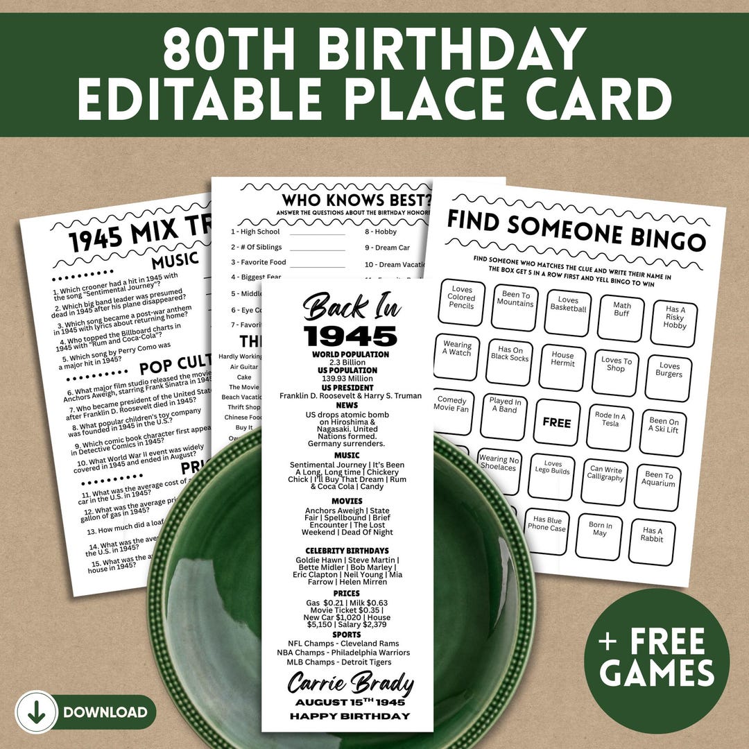 80th Birthday Printable Place Cards Games | Editable 80th Bday Party ...