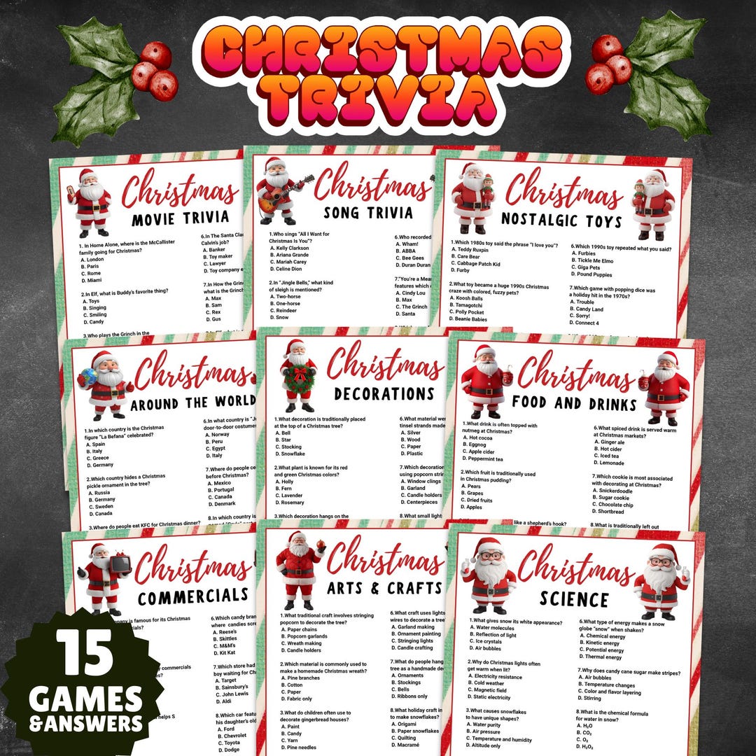 Christmas Trivia Game Bundle 15 Printable Holiday Games, 150 Questions ...