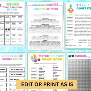 Printable Summer Games for Kids Adults Families | Editable Summer ...