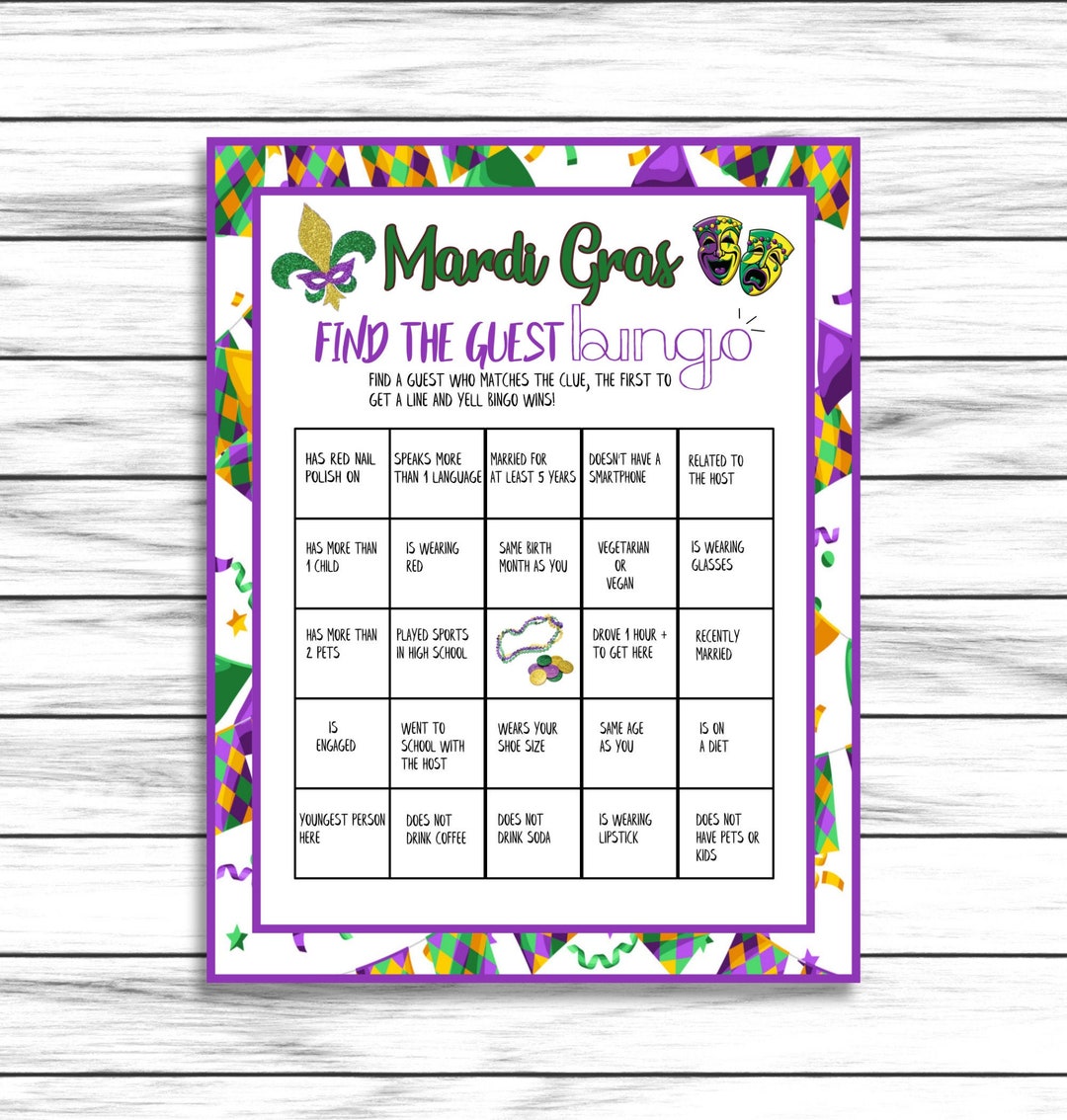Mardi Gras Find the Guest Bingo,mardi Gras Party Game, Mardi Gras Game ...