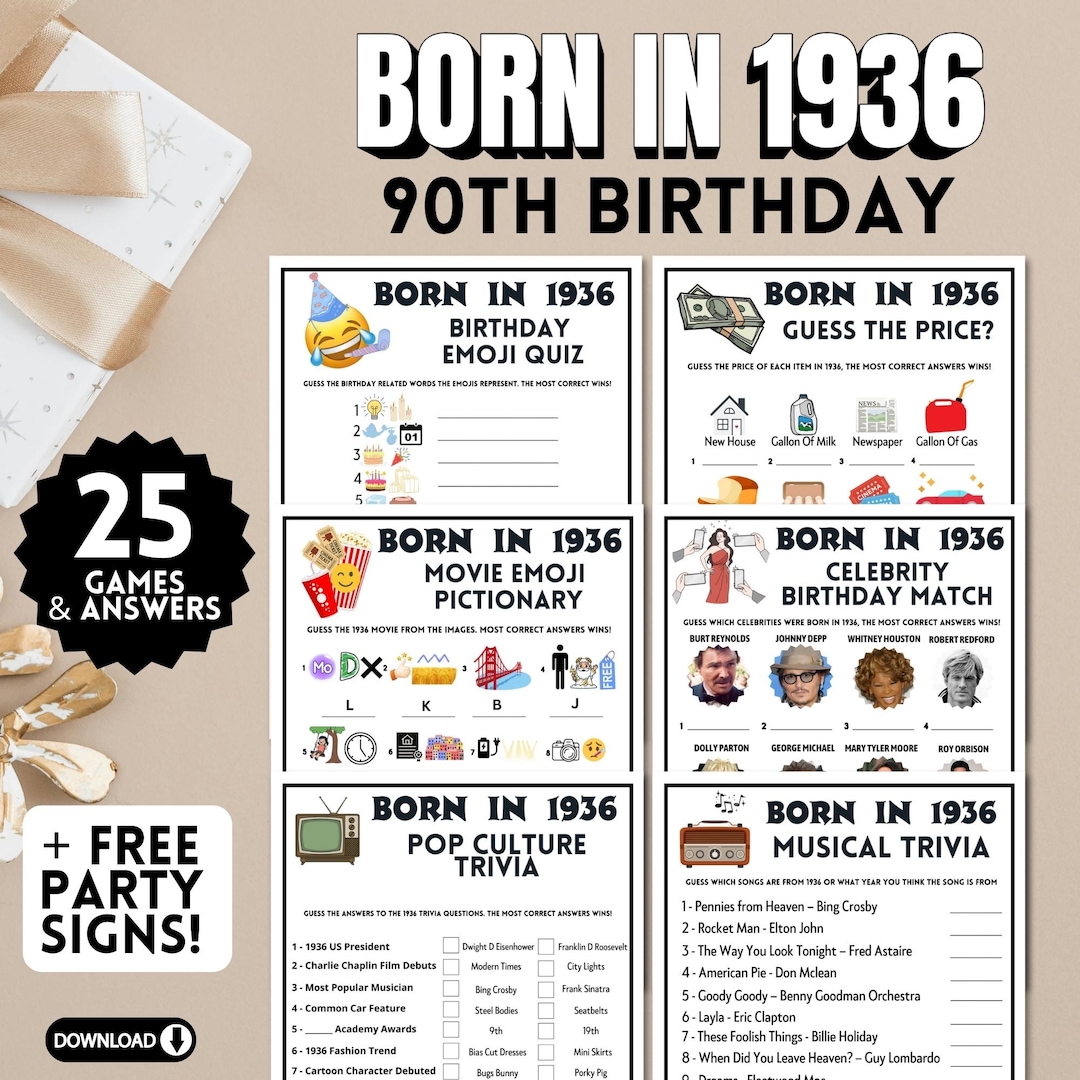 90th Birthday Games Born in 1936 | 25 Printable Adult Party Games ...