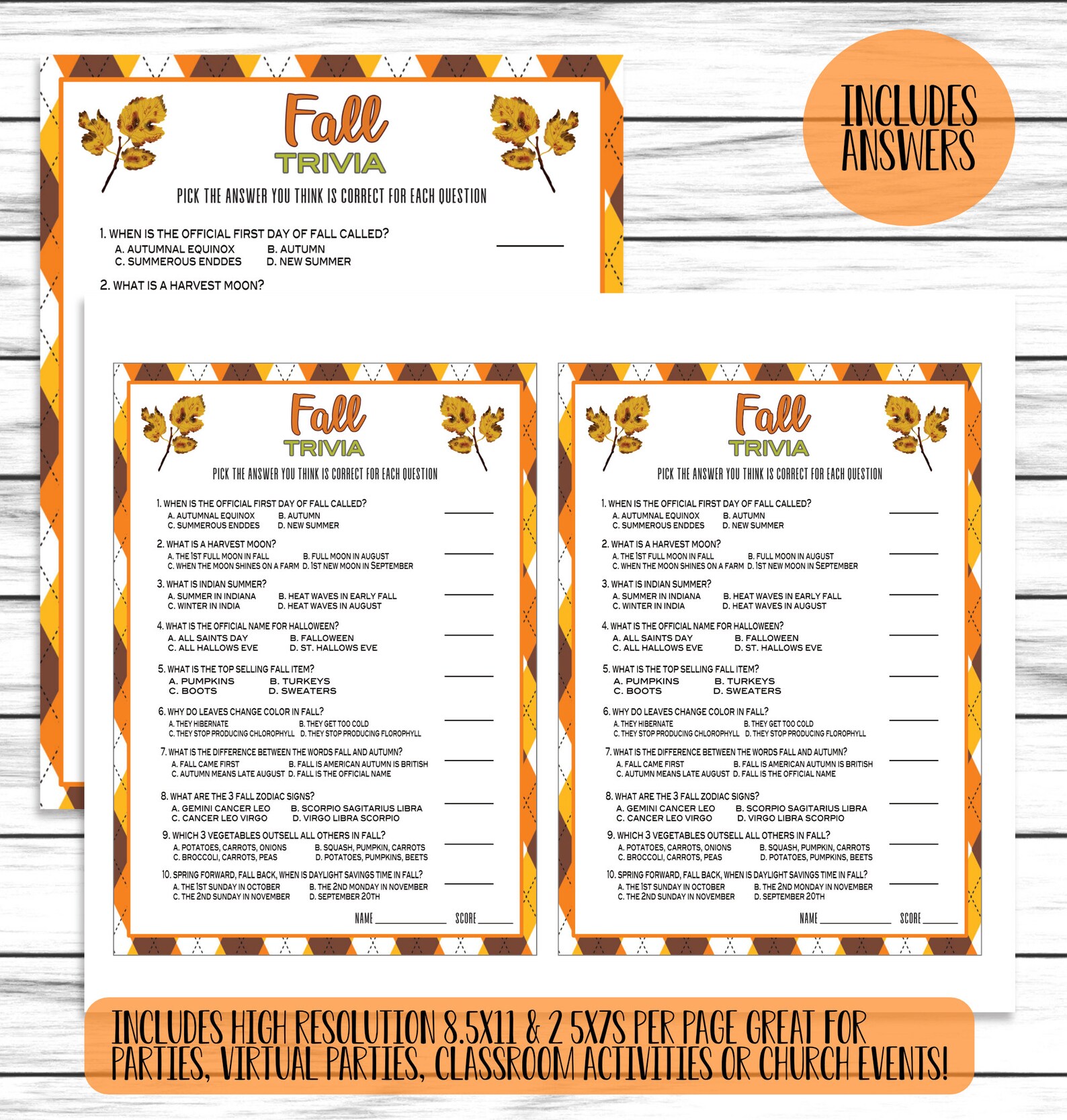 Fall Trivia Game, Printable or Virtual Game for Adults and Kids, Office ...