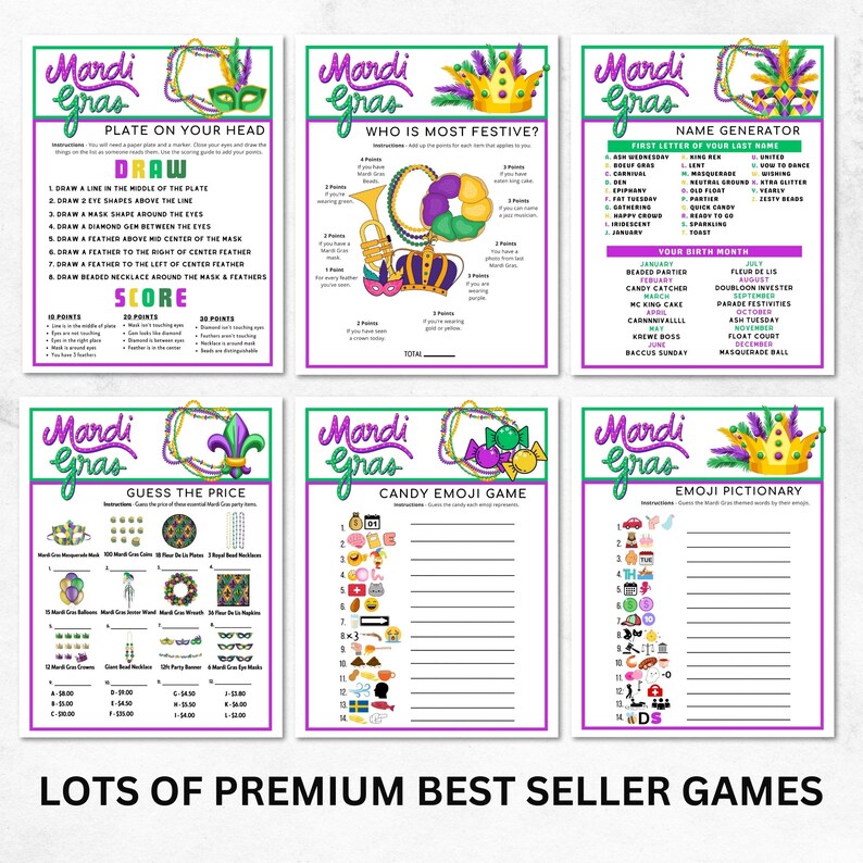 Mardi Gras Printable Games Answers Bundle | Fat Tuesday Party Games ...