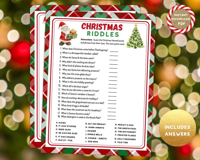 Christmas Riddles Game, Printable Xmas Day Trivia, Kids Adults Holiday ...