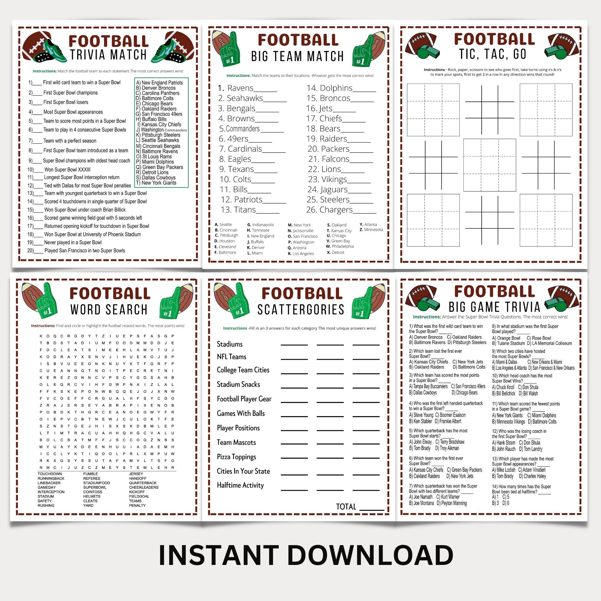Printable Football Party Game Bundle | Kids & Adults Football Activity ...