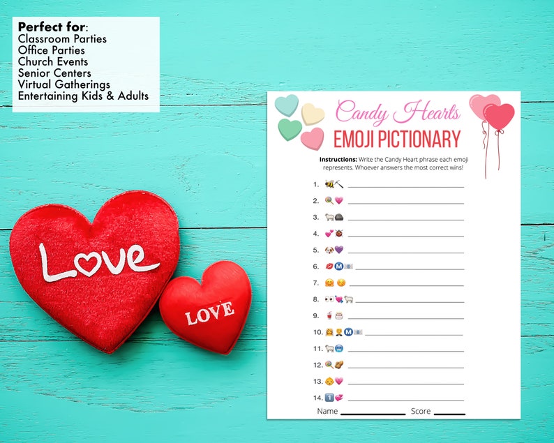 Valentines Day Candy Heart Emoji Pictionary Gamevirtual or - Etsy