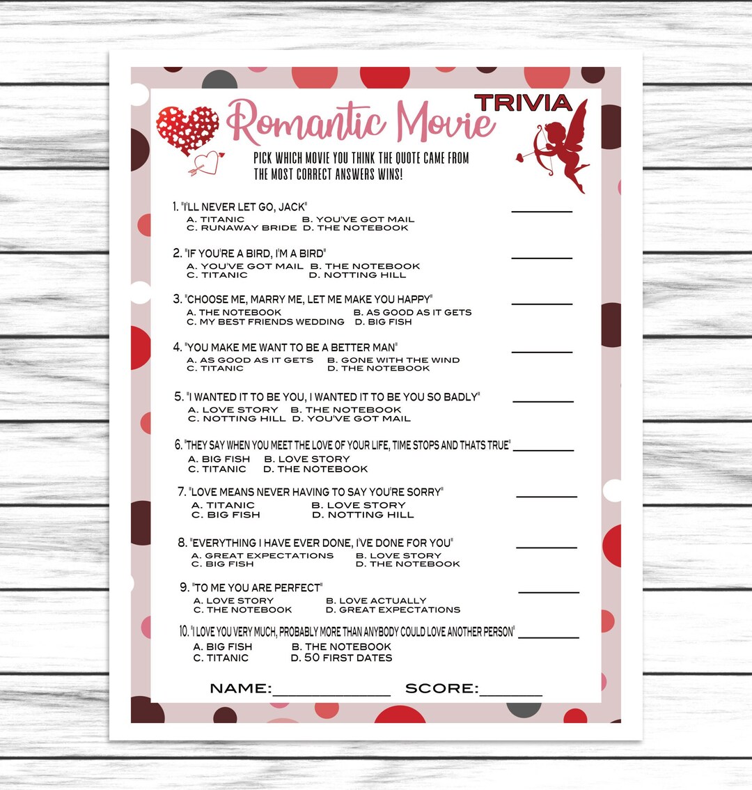 Valentines Romantic Movie Trivia Game,virtual or Printable V-day Party ...