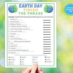Printable Earth Day Finish the Phrase Game | Classroom Office Seniors ...