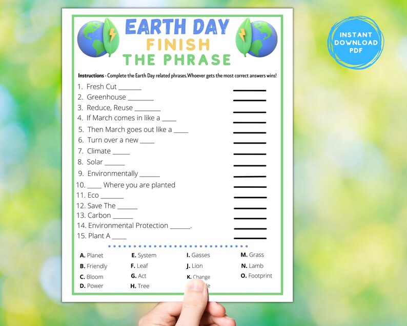 Printable Earth Day Finish the Phrase Game Classroom Office - Etsy
