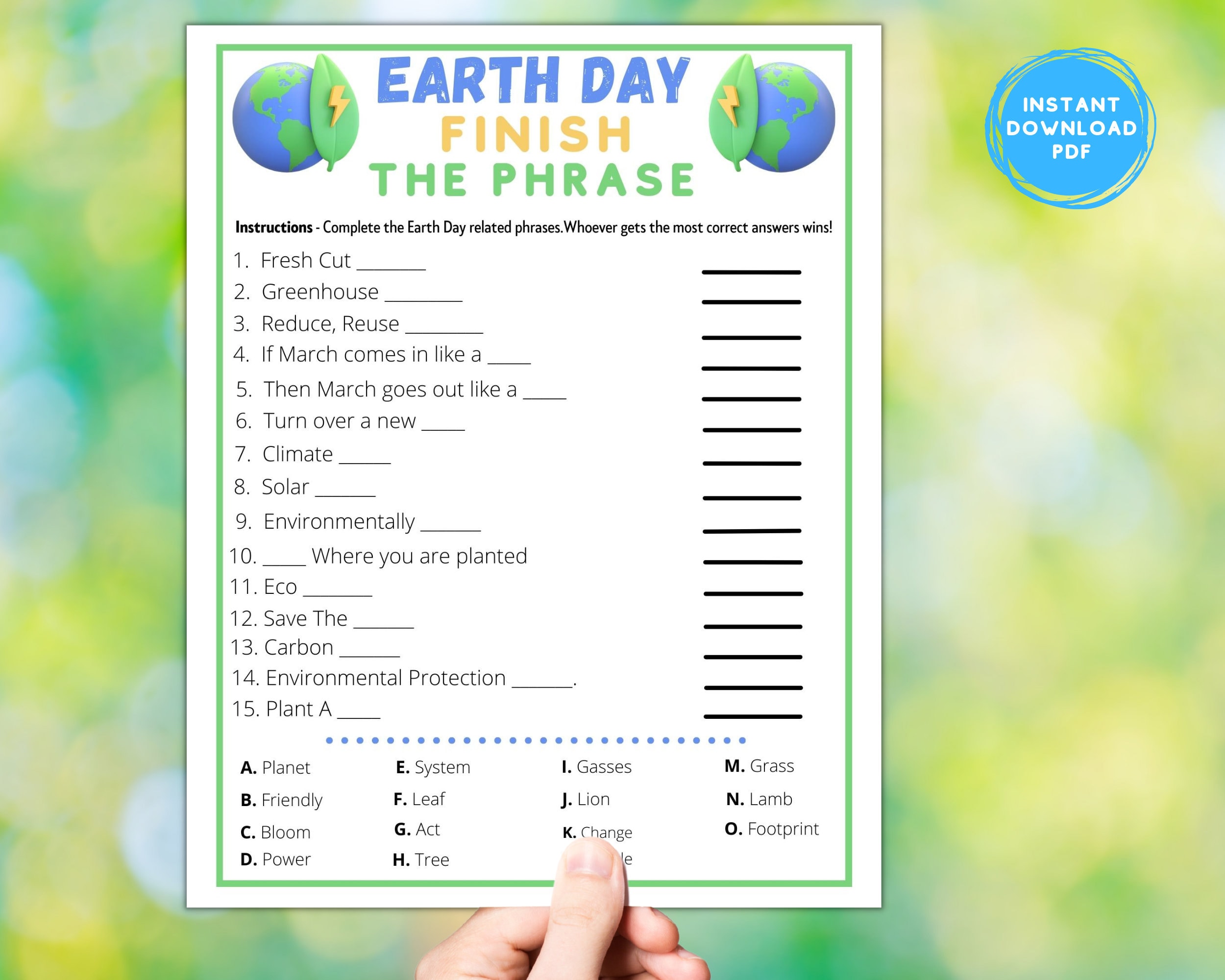 Printable Earth Day Finish the Phrase Game | Classroom Office Seniors ...