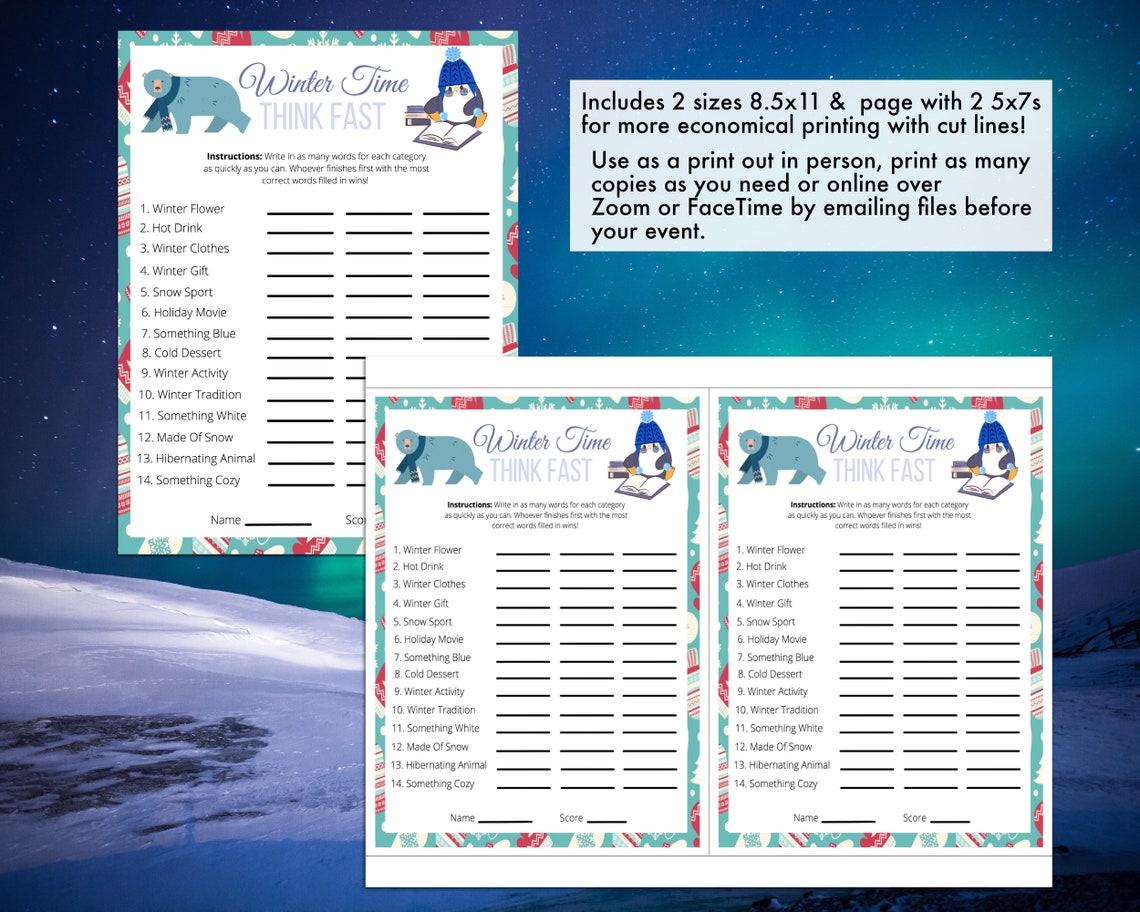 Winter Think Fast Word Party Game for Adults Kids Classroom - Etsy