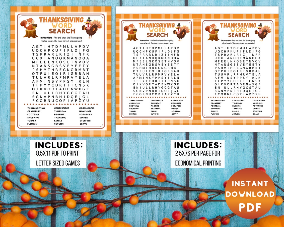 Thanksgiving Word Find Search Game, Printable Virtual Turkey Day Puzzle ...