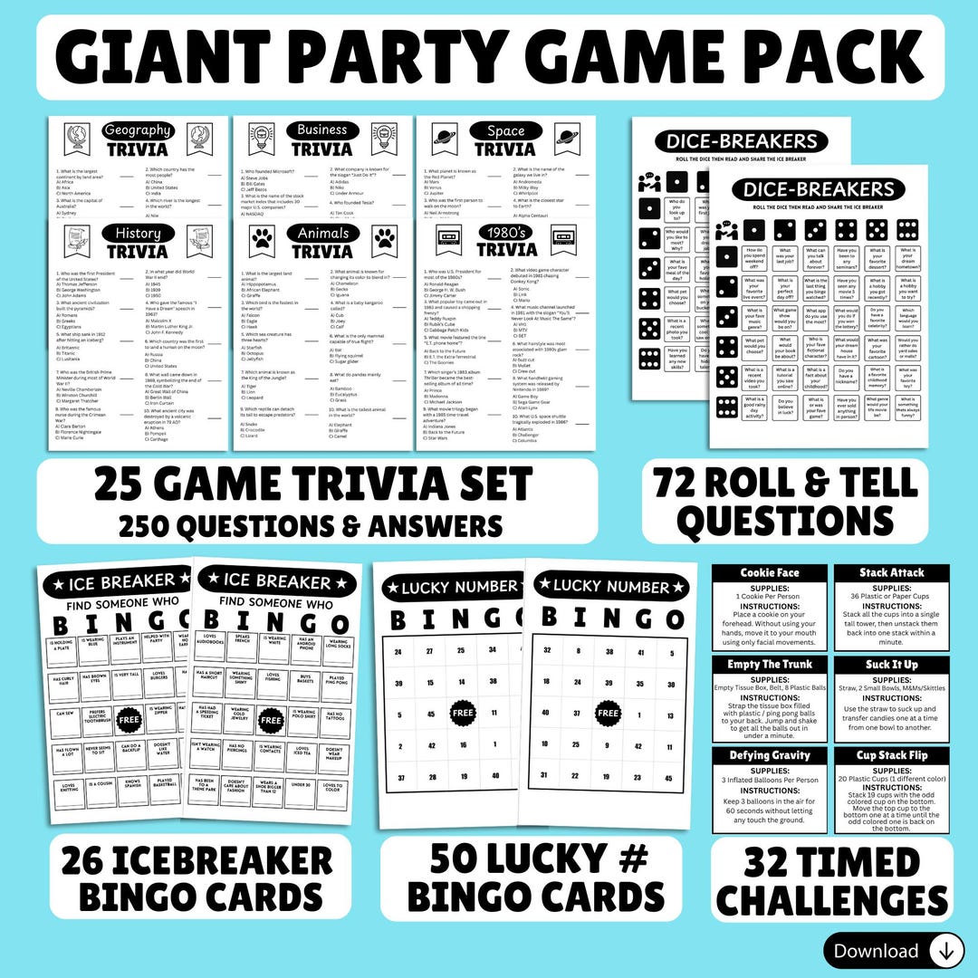 Bingo Trivia Find Someone Who Icebreakers Printable Party Game Bundle ...