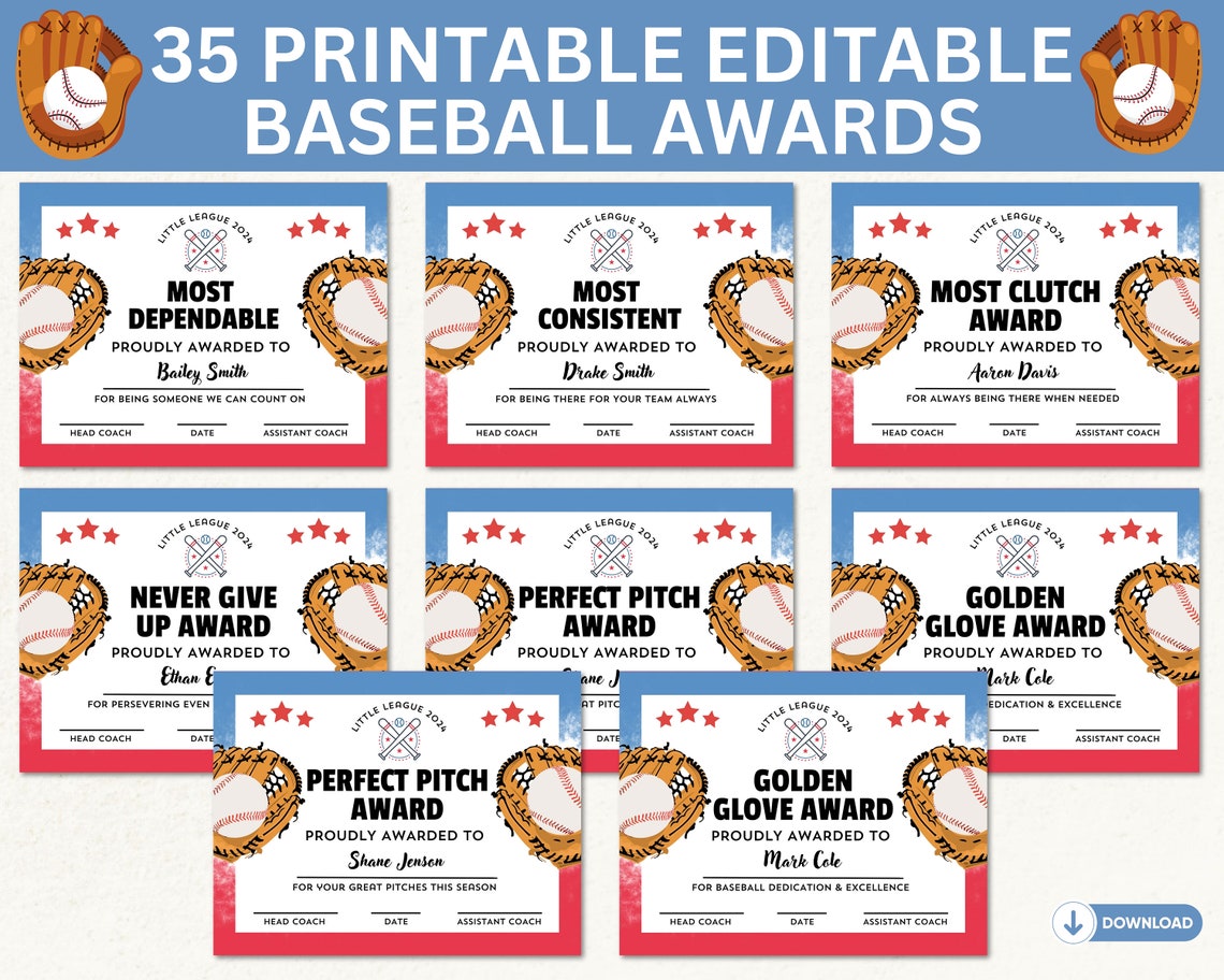 Printable Editable Baseball Team End of Season Award Certificates ...