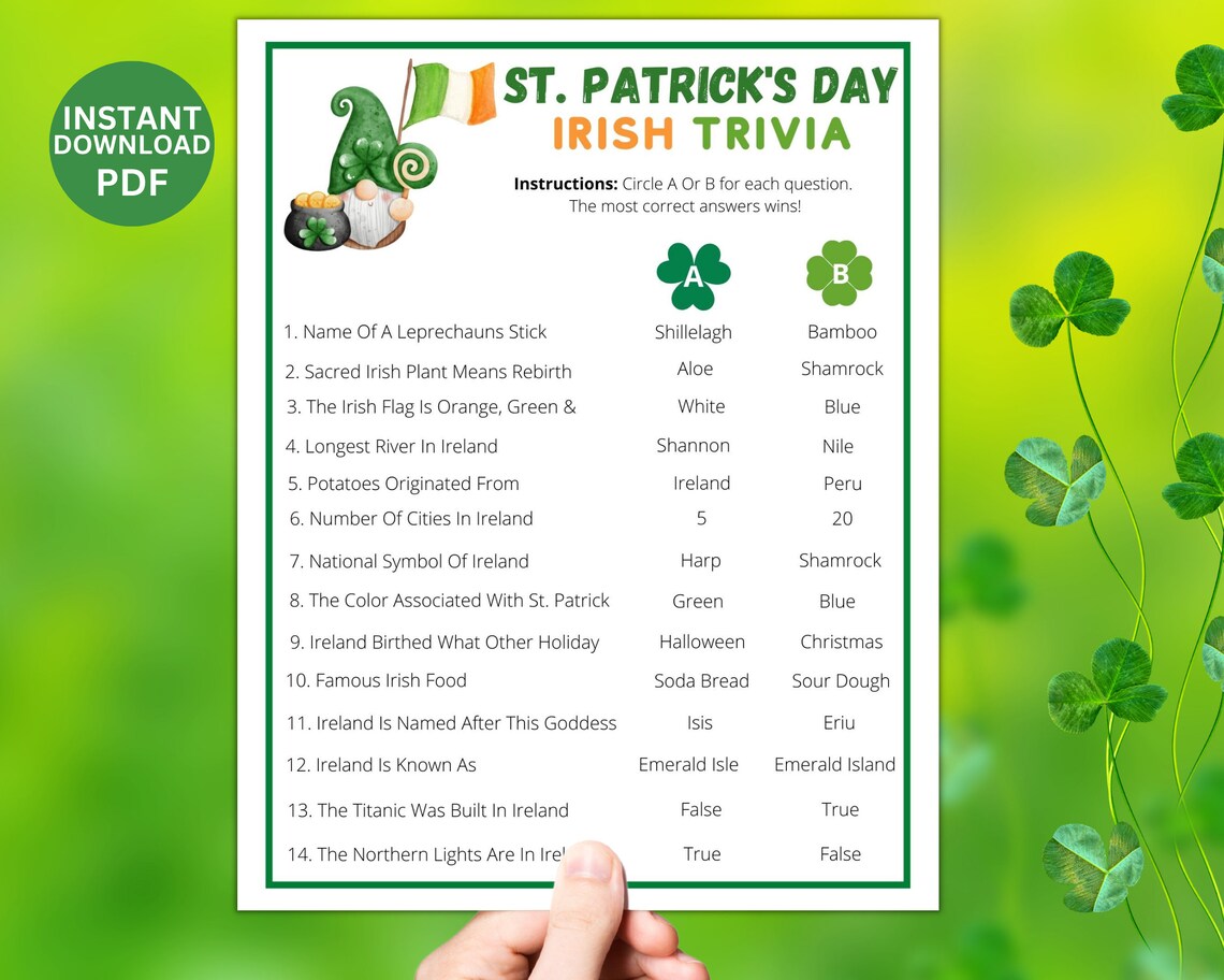 Printable St Patricks Day Irish Trivia Game | Irish Quiz | St Paddys ...