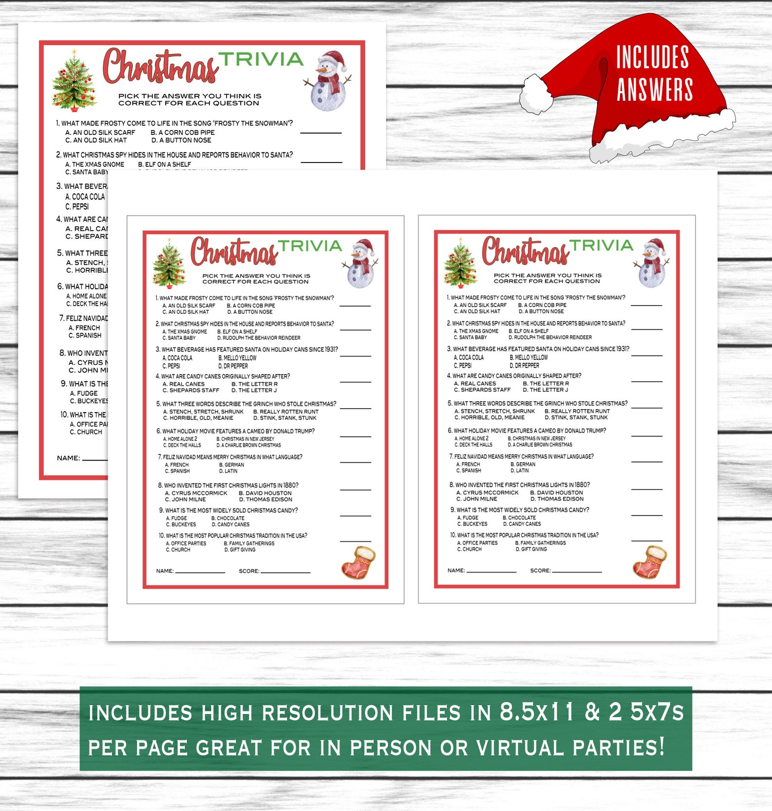 Christmas Trivia Game, Printable or Virtual Holiday Party Game for Kids ...