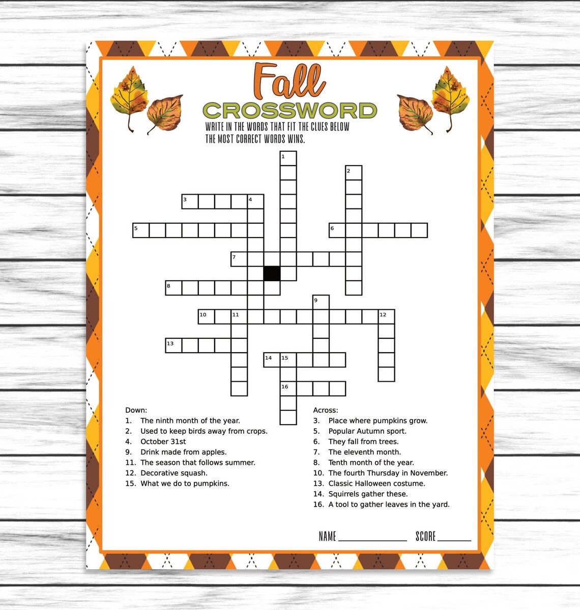 Fall Crossword Puzzle Quiz, Fall Party Word Game, Autumn Game, for ...