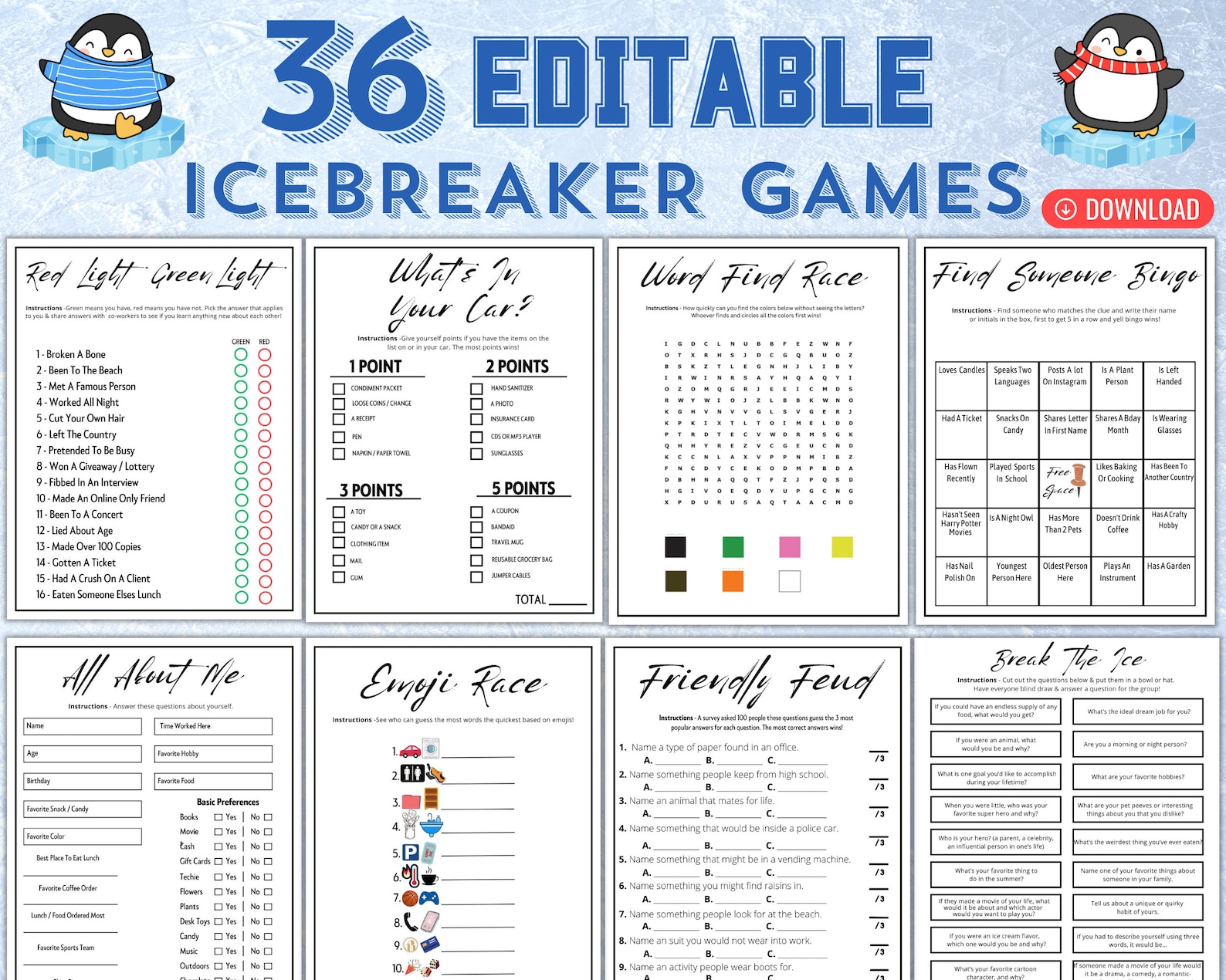 Printable Icebreaker Games | Social Group Activities Editable Template ...