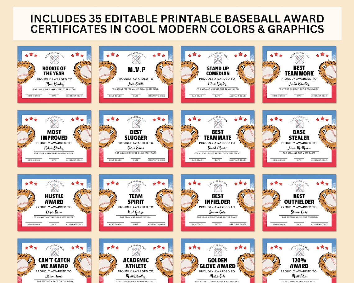 Printable Editable Baseball Team End of Season Award Certificates ...