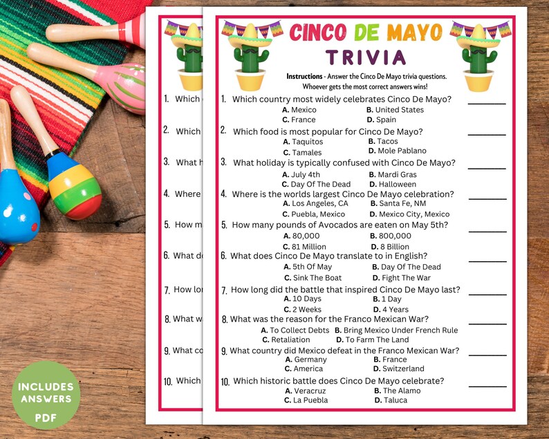 Printable Cinco De Mayo Trivia Party Game | Instant Download Classroom ...