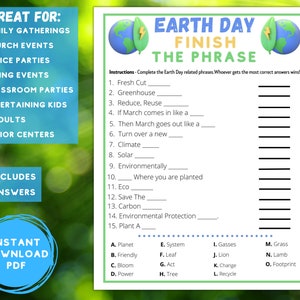 Printable Earth Day Finish the Phrase Game | Classroom Office Seniors ...
