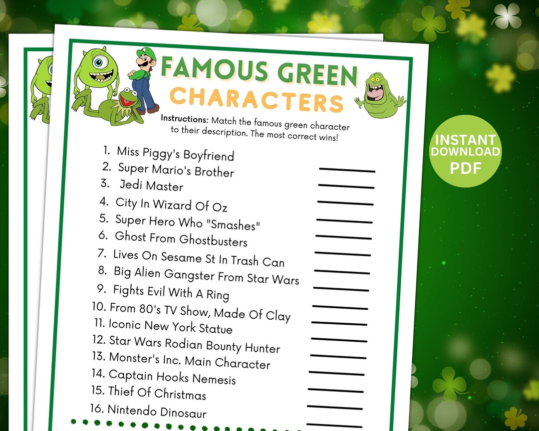 Printable St Patricks Day Green Character Trivia Matching Game | St ...