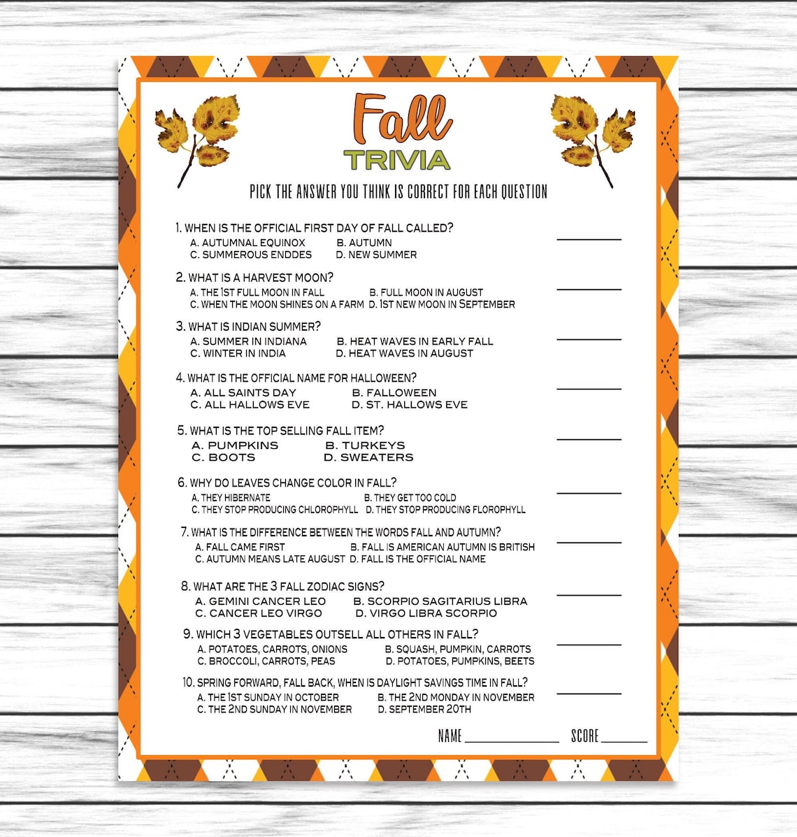 Fall Trivia Game Printable or Virtual Game for Adults and - Etsy