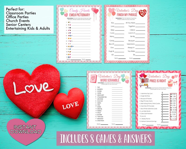 Valentine Day 8 Trivia Emoji Game Set Bundle -classroom Office Party ...