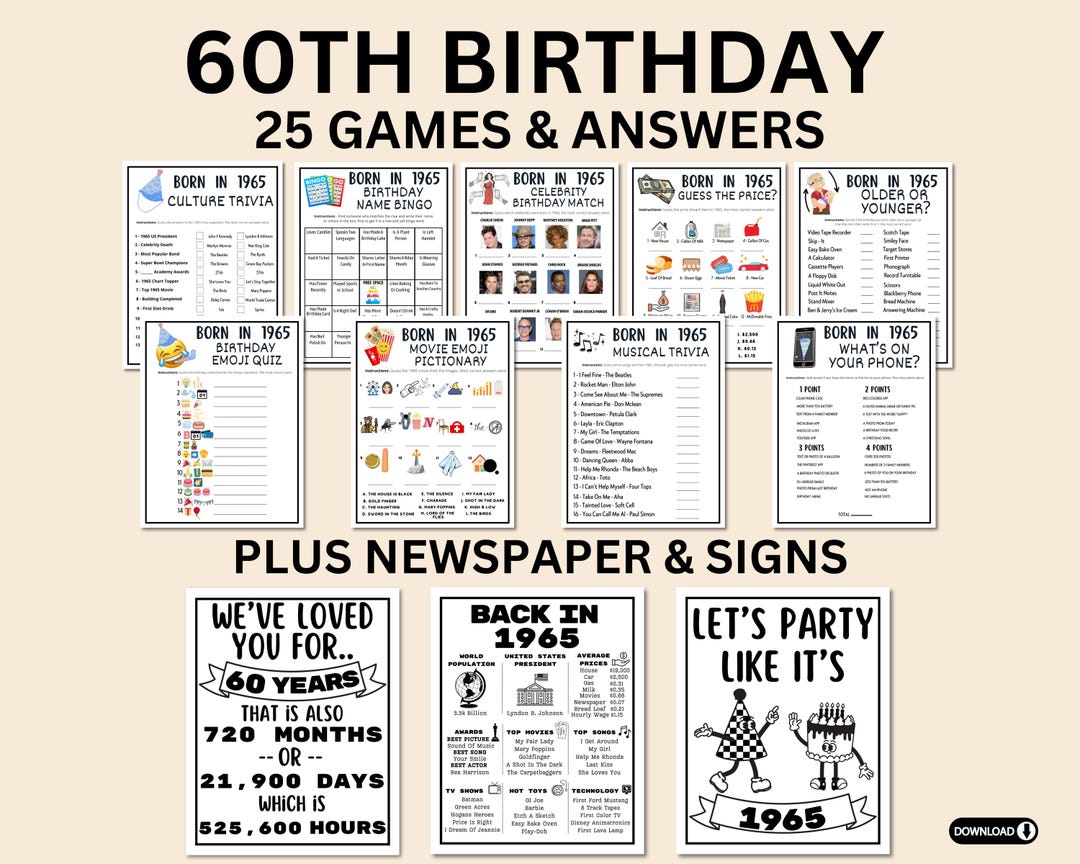 60th Birthday Printable Games Bundle | Born in 1965 Party Idea | 60th ...
