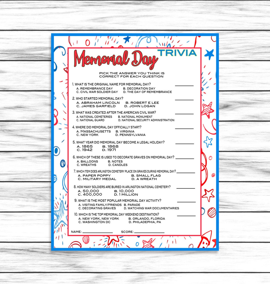 Memorial Day Trivia Game Party Game Memorial Day Party Game - Etsy