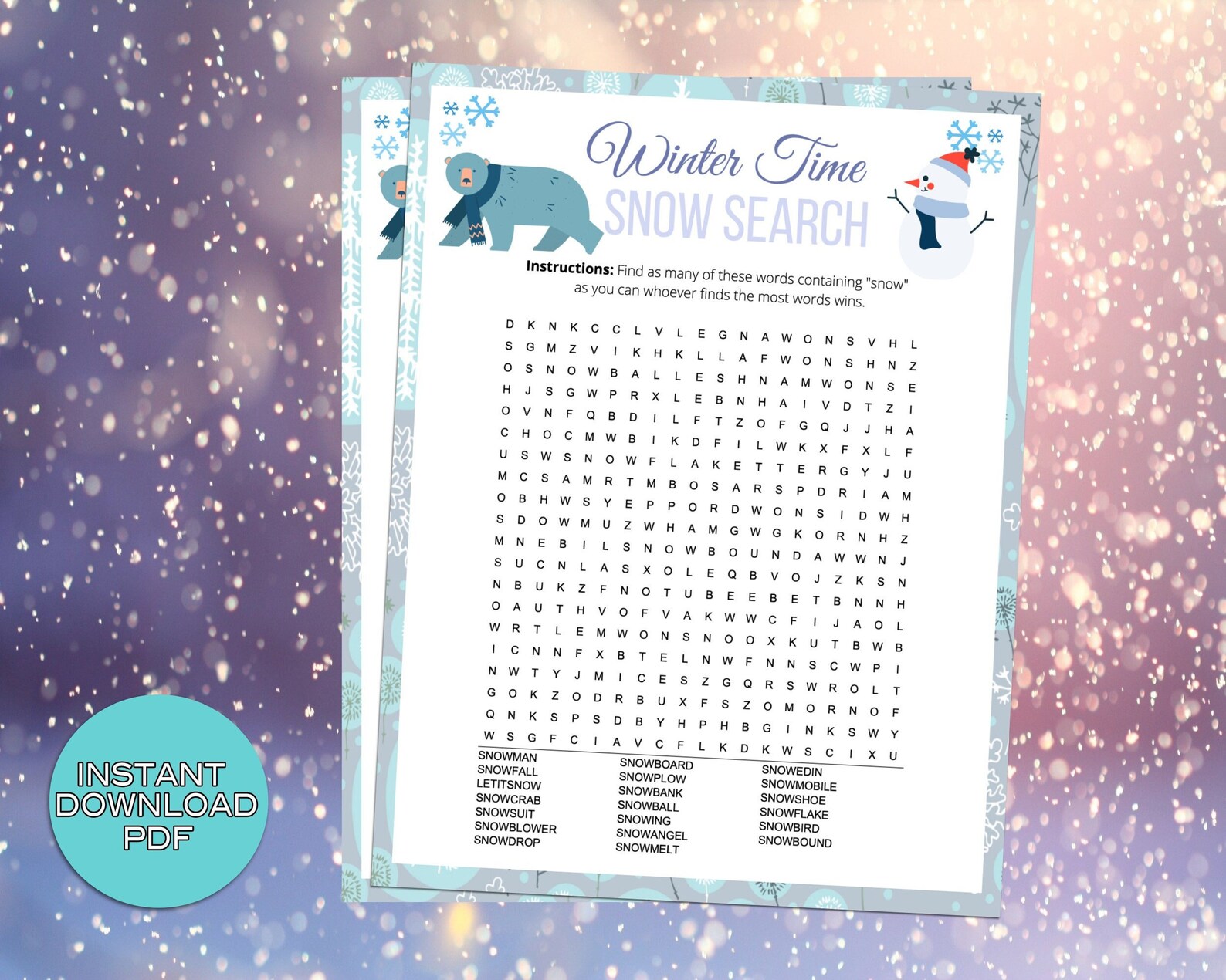 Snow Word Search Find Winter Party Game for Adults Kids - Etsy