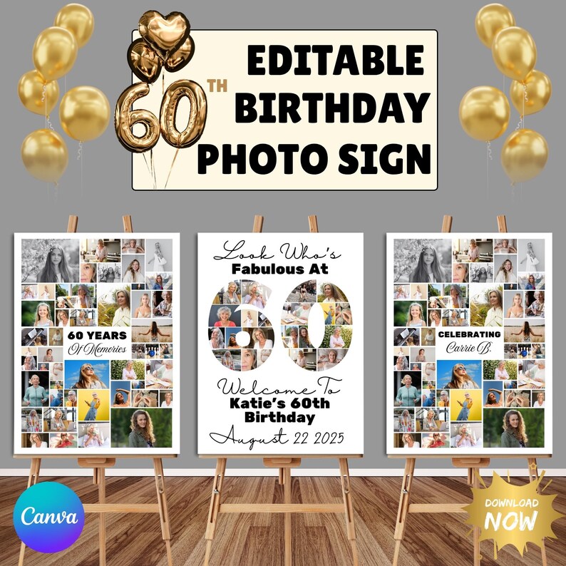 60th Birthday Editable Photo Collage Sign Template | Printable Bday ...