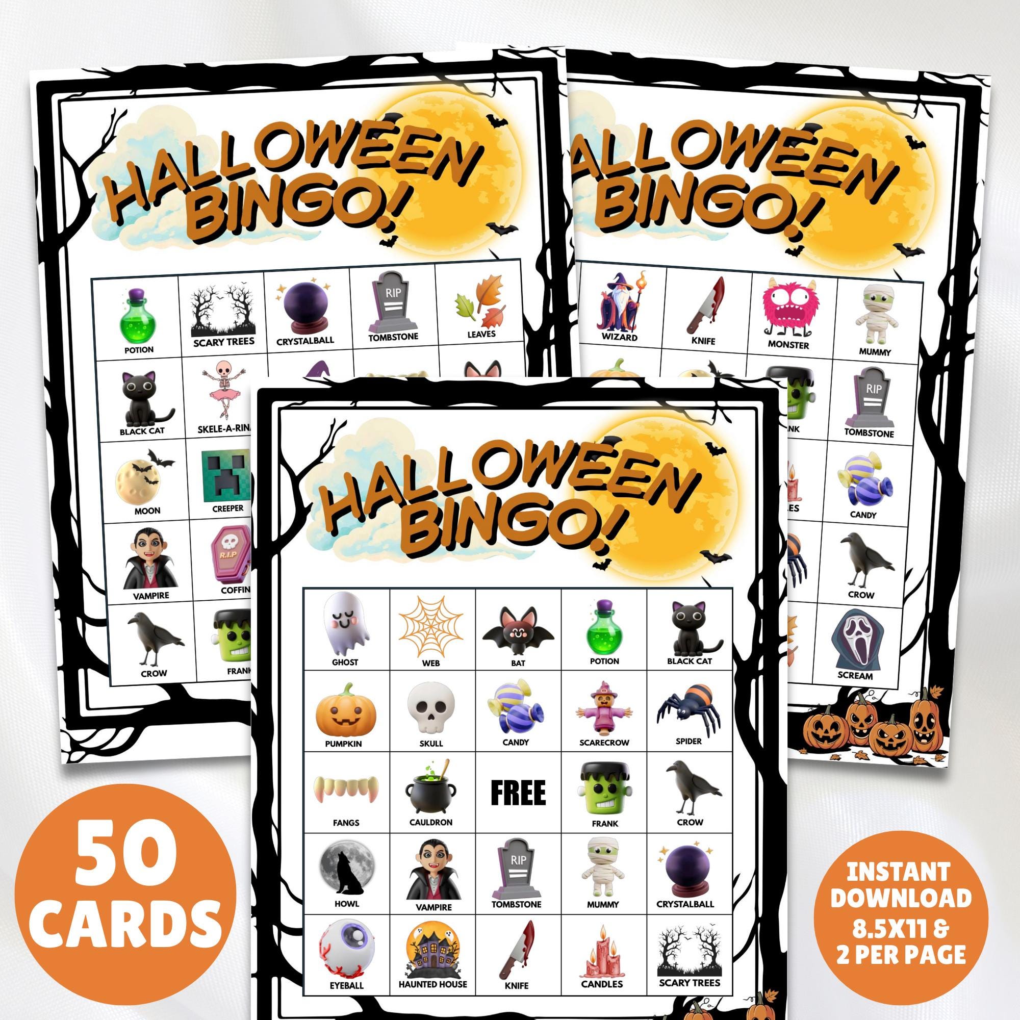 50 Halloween Bingo Cards Printable | 3D Spooky Party Game for Kids ...
