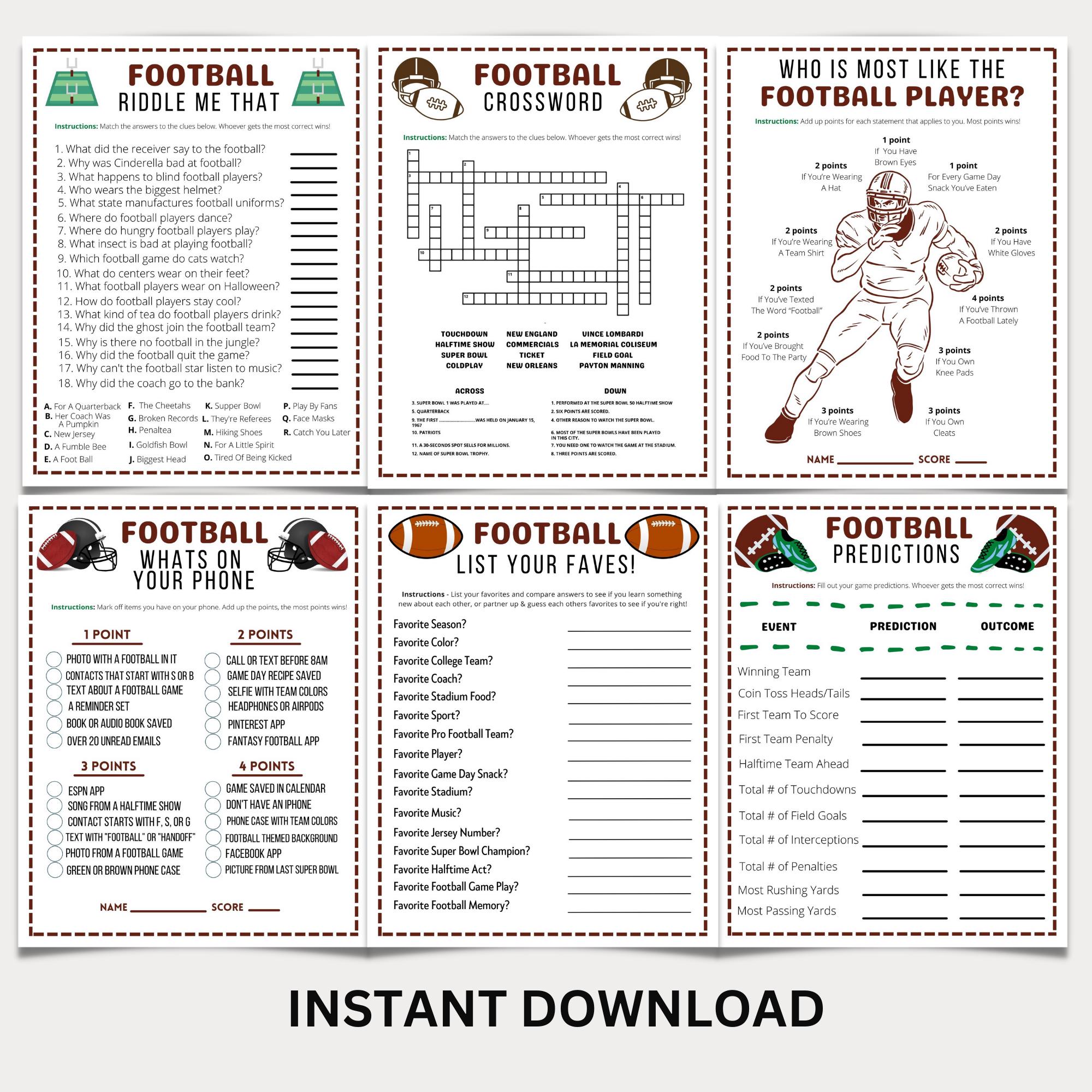 Printable Football Party Game Bundle | Kids & Adults Football Activity ...