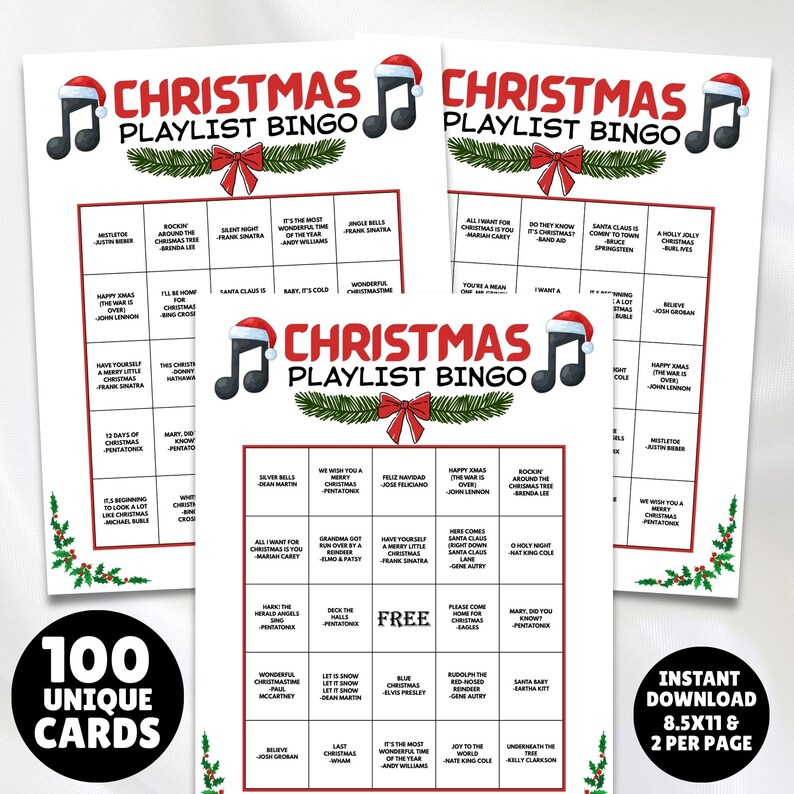 100 Christmas Music Unique Bingo Cards | Holiday Hits Song Game With ...