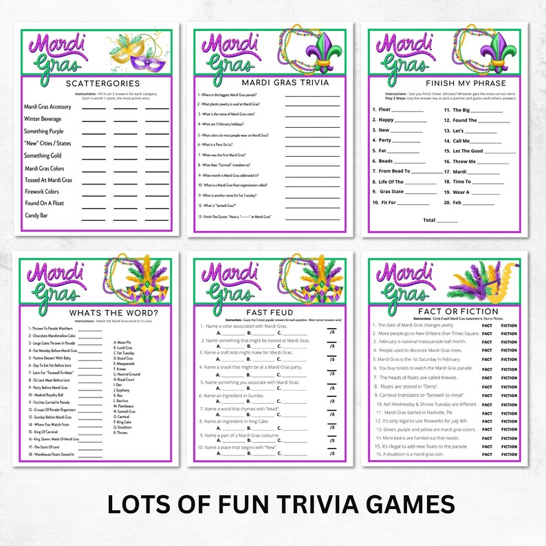 Mardi Gras Printable Games Answers Bundle | Fat Tuesday Party Games ...